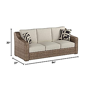 Signature Design by Ashley Beachcroft Outdoor Wicker Patio Sofa with Cushion and 2 Pillows, Beige, Light Gray