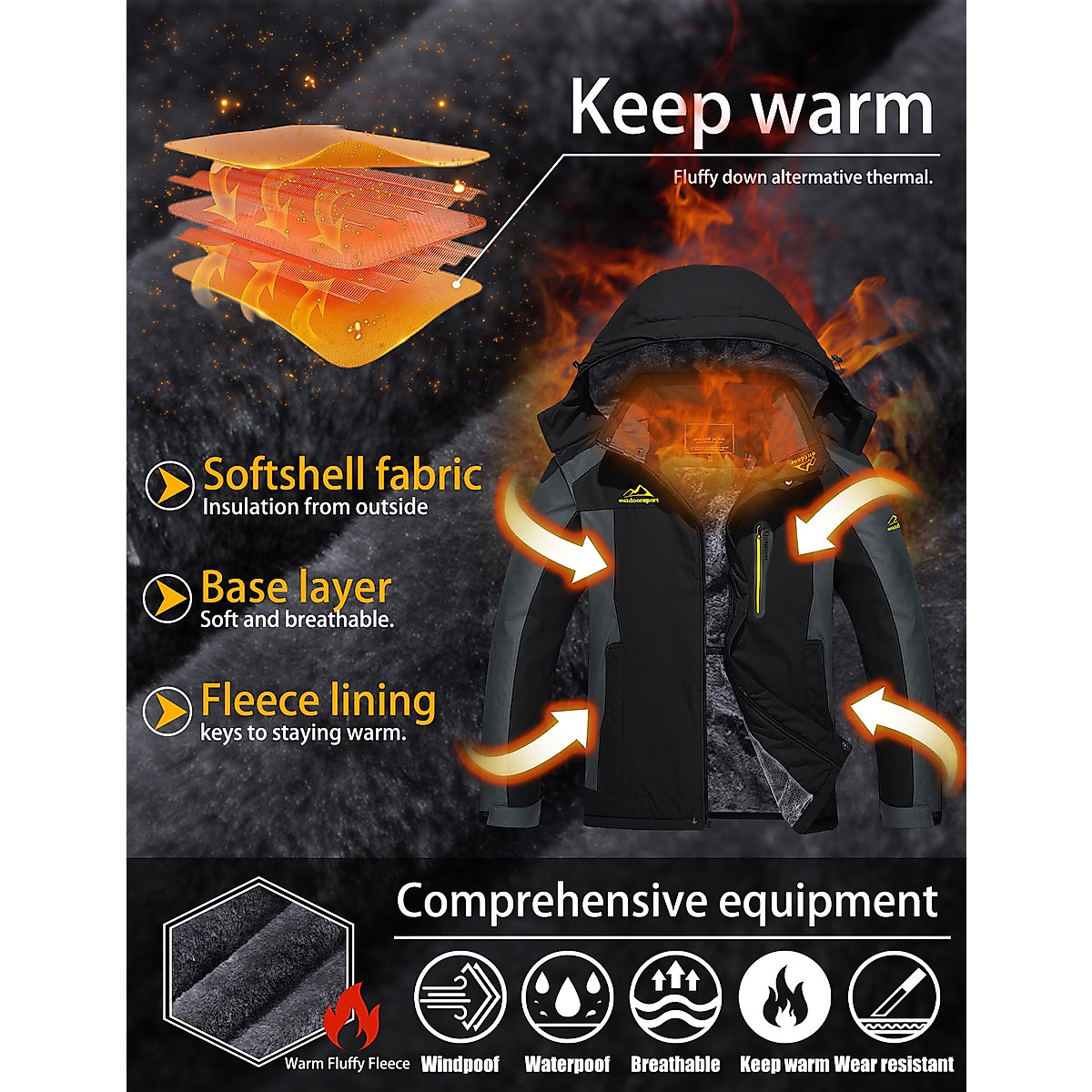 TACVASEN Mens Winter Jacket Waterproof Ski Jacket Men Snowboard Jacket Parka Jacket Men Softshell Jacket Black Gray XL