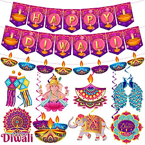 Diwali Decorations for Home, Happy Diwali Decorations includes Happy Diwali Banner and Diwali Hanging Decorations Swirls, Diwali Decorations Hanging Swirls for India Light Festival Diwali Celebration