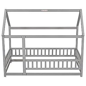 DEYOBED Twin Size Wooden Bed with House Roof Frame and Fence Guardrails, Twin Size Floor Bed Frame for Children - Gray Floor Bed