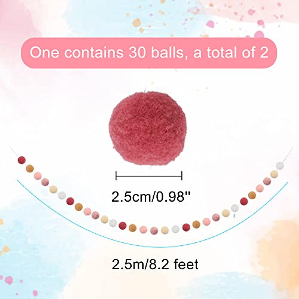 GCQQ 2Pcs Pom Pom Garland Pastel, 16.4 Ft Long Pompom Garland Boho Decor, Large 60 Balls Felt Ball Garlands, Pink Wool Felt Ball Garlands for Party, Home, and Nursery Decor