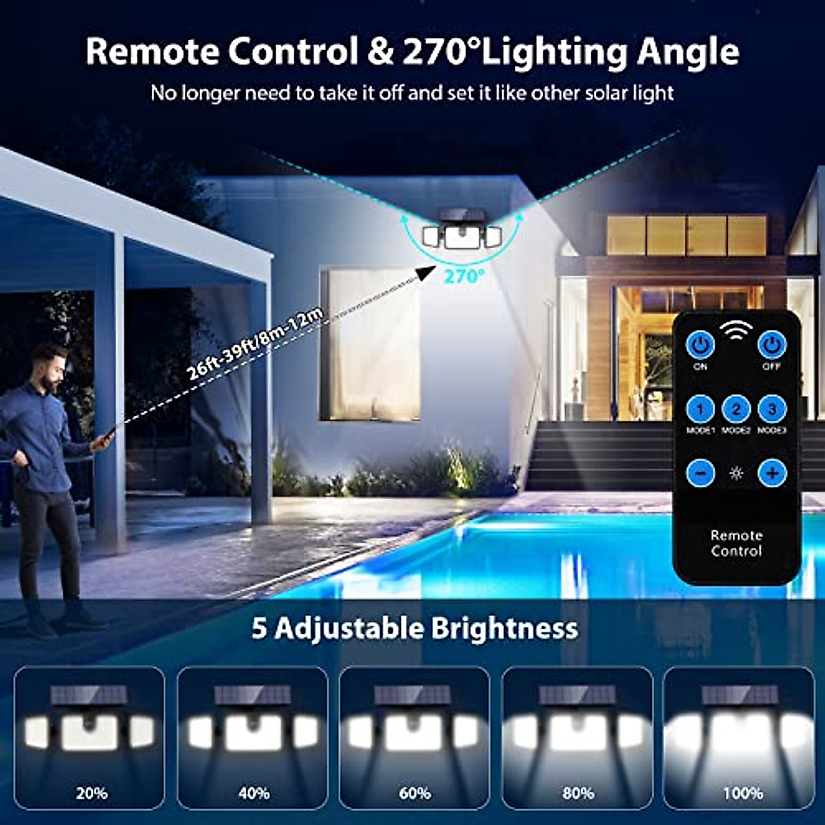 iMaihom Solar Flood Lights Outdoor, 2500LM 202 LED Security Lights, 3 Heads Motion Sensor Lights with Remote Control, IP65 Waterproof, 270°Wide Angle Flood Wall Lights for Yard Porch Garden, 2 Pack