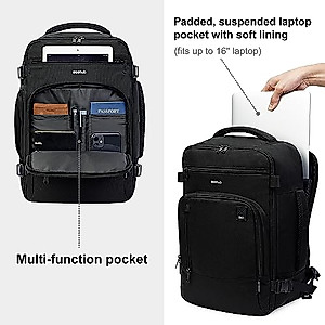 ECOHUB 16'' Travel Backpack For Women Men Airline Approved Personal Item Bag Essentials Laptop Casual Daypack Small Hiking Lightweight Waterproof Backpack, Black