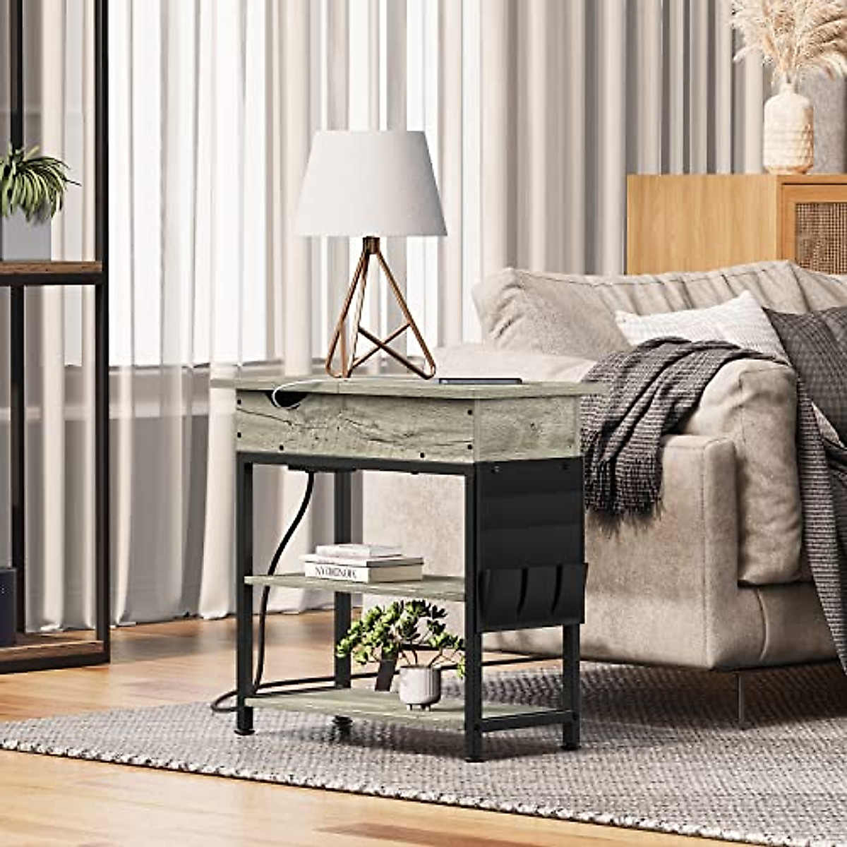 SJIE End Table with Charging Station, Narrow Flip Top Side Table with USB Ports and Outlets,Nightstand for Living Room,Bedroom and Small Spaces,Grey