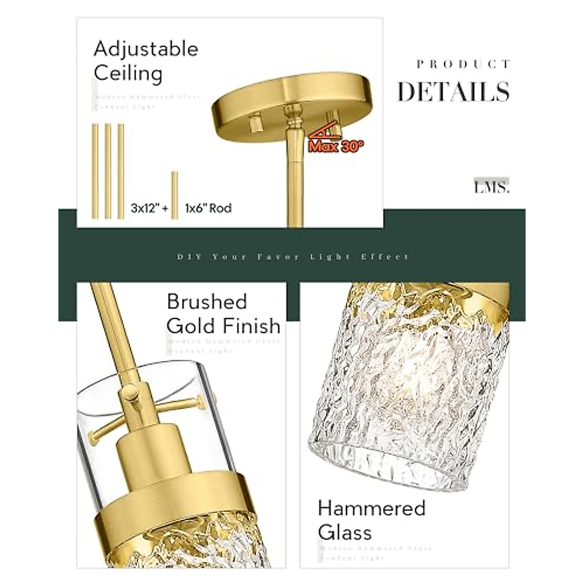 LMS Gold Pendant Light, 1-Light Pendant Lighting for Kitchen Island with Hammered Glass, LMS-171