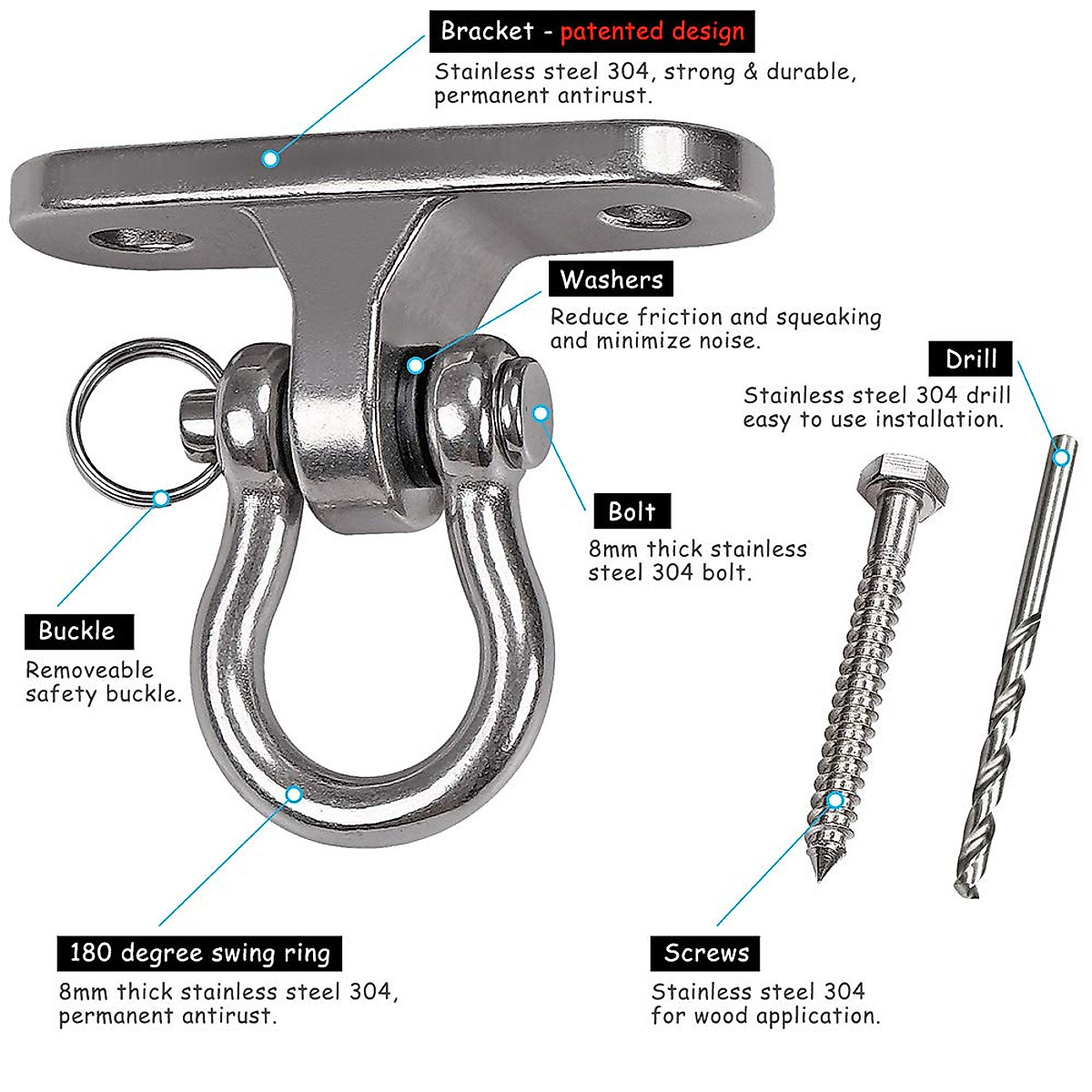 GW Gwongvvei IOH 2 Pcs Heavy Duty Swing Hangers with 4 Screws Stainless Steel 304 Antirust, 2000lb Capacity 180° Swing, Playground Porch Yoga Seat Trapeze Wooden Sets Indoor Outdoor