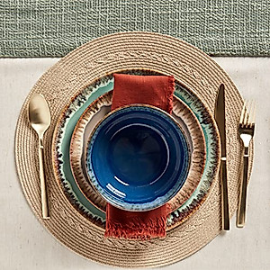 Tabletops Gallery Tuscan Reactive Glaze Stoneware- Dining Entertainment Plate Bowl Ceramic, 12 Piece Tuscan Dinnerware Set (Blue, Green, and Brown)
