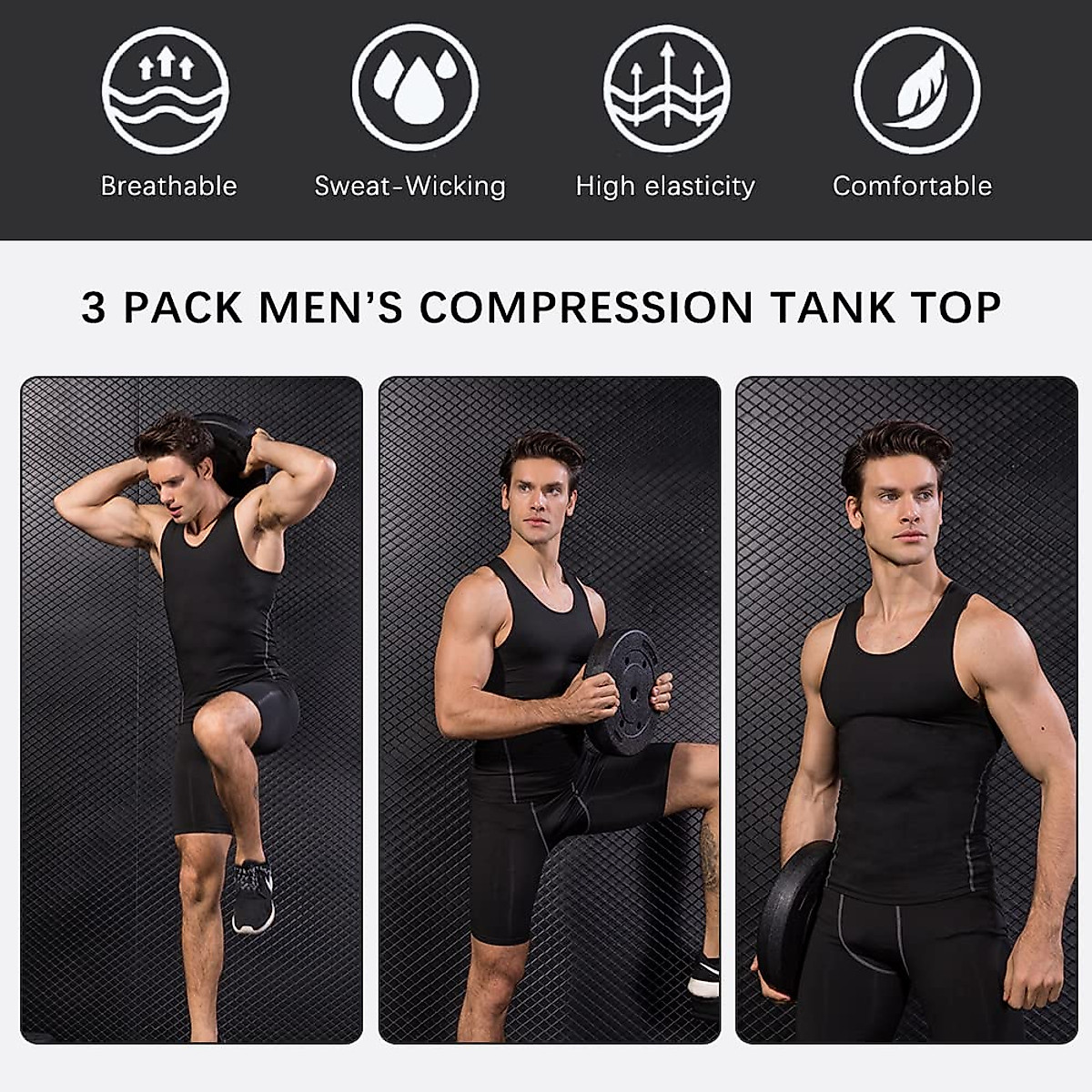 3 Pack Compression Tank Top for Men Bodybuilding Gym Athletic Tight Undershirts Workout Tops Black/Black/Black