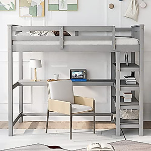 BIADNBZ Twin Size Loft Bed with Under-Bed Desk and Storage Shelves, Wooden LoftBed Frame for Kids Teens Bedroom, Gray