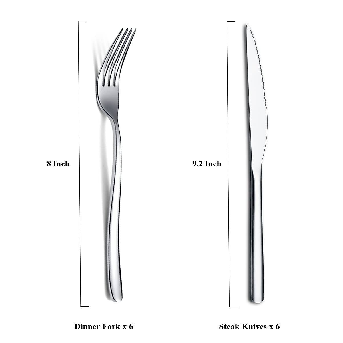 Steak Knives Set 12 Piece, Premium Stainless Steel 6 Dinner Forks and 6 Dinner Knives Set, Steak Knives Steak Forks for 6 Person, Mirror Polish, Dishwasher Safe (Shiny Silver)