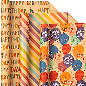 MAYPLUSS Kraft Birthday Wrapping, Gift Wrapping Paper, Colorful Balloon,Diagonal Stripes Happy Birthday Gift Wrap for Kids Boys Party, Baby Shower (Mini Roll, 17" x 120" Per roll, Total of 3 Rolls)