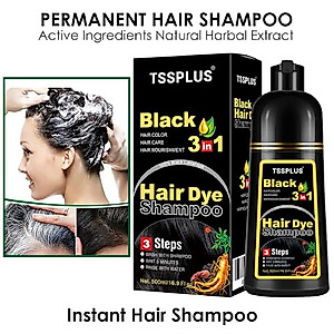 TSSPLUS Black Hair Dye Shampoo, 500ml - Organic Natural Hair Color Dye Shampoo for Women & Men, Instant Gray White Hair Cover, Plant Essence, Semi-Permanent