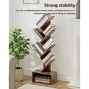 Aobafuir 6-Tier Tree Book Shelf, Open Side Standing Bookcase Shelf, Wooden Bookshelves Storage Rack for CD/Book, Utility Organizer Shelves for Living Room,Bedroom, Rustic Brown