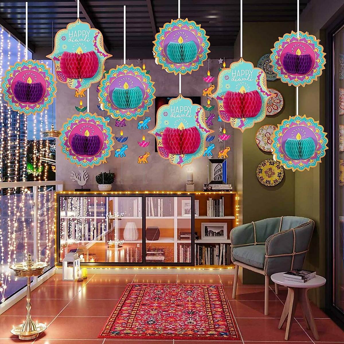 Diwali Hanging Honeycomb Decorations, Festival of Lights Indian Festival Deepavali Happy Diwali Honeycomb Hanging Decorations