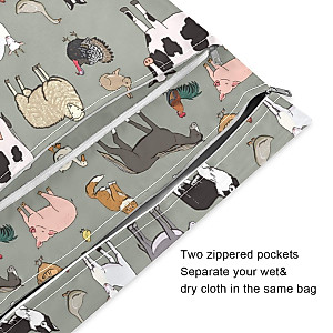 Blueangle Farm Animals Pattern Wet Dry Bag Cloth Diaper Bags - Waterproof Washable Reusable Diaper Organizer，2 Pack