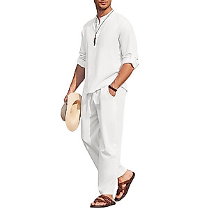 COOFANDY Men's 2 Pieces Cotton Linen Set Long Sleeve Henley Shirts Casual Beach Pants With Pockets Summer Yoga Outfits