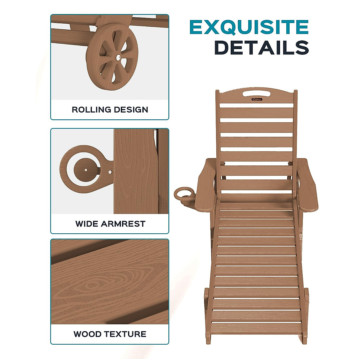 Lounge Chair Outdoor, Oversized Chaise Lounge Chair with 5 Positions, HDPE, Patio Lounge Chair with Wheels & Cup Holder for Pool, Deck, Poolside, Teak