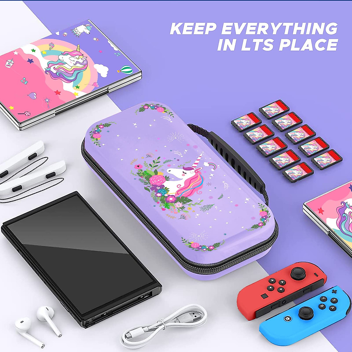homicozy Cute Unicorn Protection Case for Nintendo Switch,Purple Hard Carrying Case with Soft TPU Protective Cover and Protection Acessories Compatible with Nintendo Switch for Girls