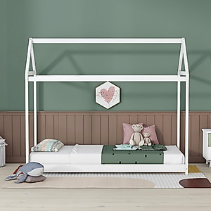 Twin Size House Bed, Wooden Daybed, Floor Bed for Toddlers, Teens, Girls, Boys, Kids House Bed Frame Can Be Decorated (White)