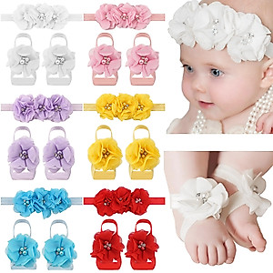 CellElection 6 Colors Baby Girls Flower Headbands Barefoot Sandals Set Baby Hair Accessories Pearl Flower Hairbands Foot Bands Hair Accessories for Newborns Infants Toddlers Photograph…
