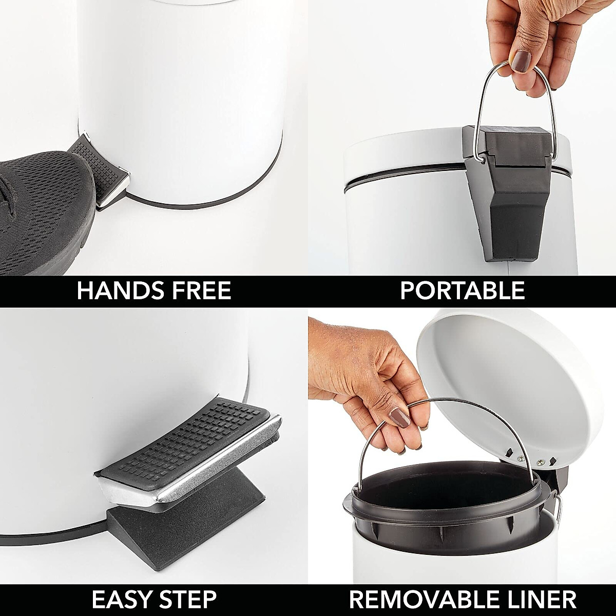 mDesign Pedal Bin — Metal Waste Bin with Pedal, Lid and Plastic Bucket Insert — for Bathroom, Kitchen, and Office — 3 Litre Household Rubbish Bin with Ergonomic Design — White