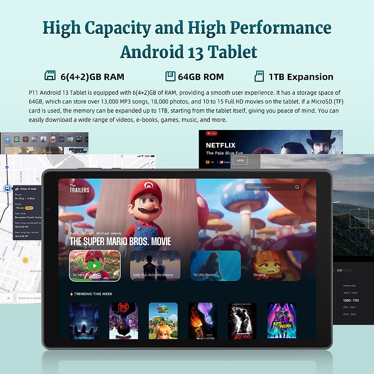 Lville Android 13 Tablet, Octa-Core Android Tablet, 10 inch Tablet, 6 (4+2) RAM 64GB ROM (1TB TF) Tablet Android with Bluetooth, WiFi, Fast Charging, Dual Camera (Gray)