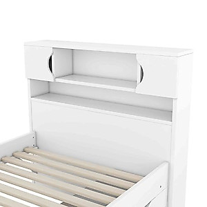 ATY Twin Size Platform Bed with Storage Headboard and 4 Pull-Out Drawers, Wooden Captain Bedframe w/Footboard & Cabinet, Save Space Design, No Box Spring Needed, White