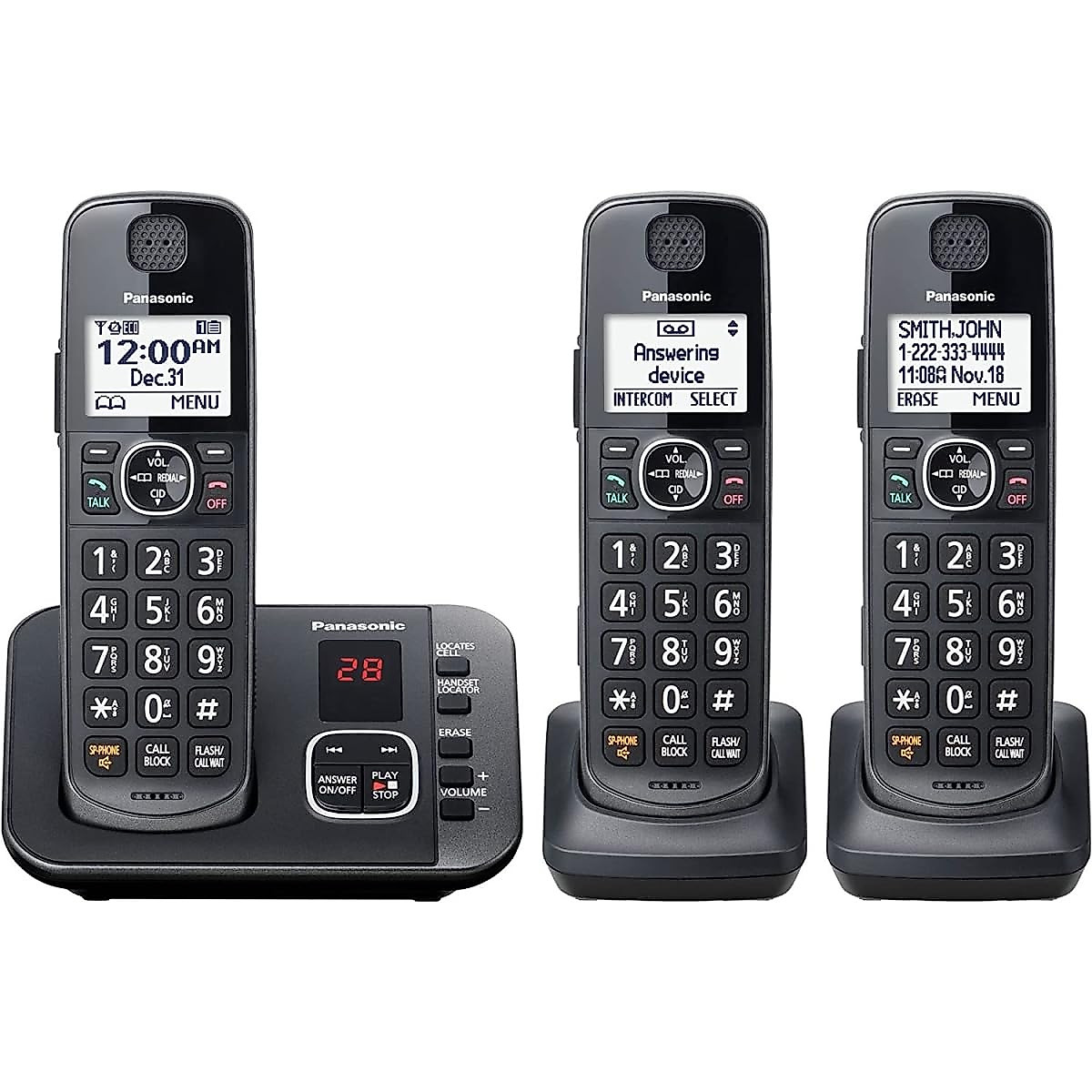 Panasonic DECT 6.0 Expandable Cordless Phone System with Answering Machine and Call Blocking - 3 Handsets - KX-TGE633M (Metallic Black)