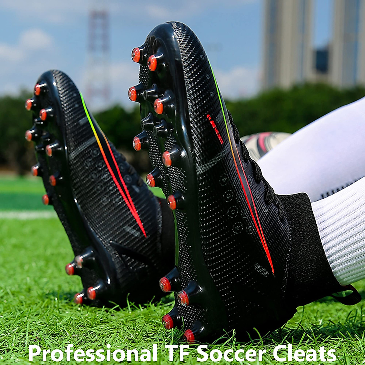 HHY Men's Soccer Cleats Football Shoes High-Tops Non-Slip Spikes Breathable Firm Ground Turf Running Workout Boots Black EU 41