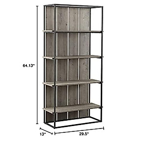 Walker Edison Evangeline Modern Farmhouse Metal and Wood 4 shelves Bookshelf, 64 Inch, Grey Wash