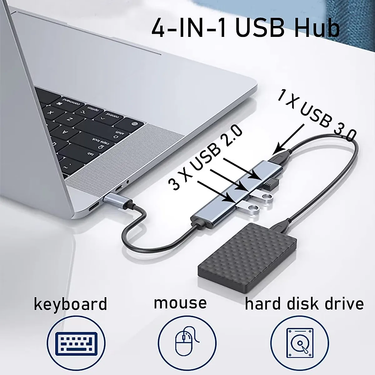 USB Hub, Aluminum 4-in-1 USB 3.0 Hub with 1 USB 3.0 Port and 3 USB 2.0 Ports USB Splitter Multiport Extender for Desktop Computer PC, PS4, Laptop, Surface Pro, Dell, HP, XPS, Flash Drive