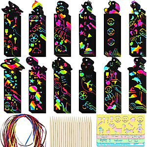 Yexiya 96 Pcs Animal Scratch Bookmarks Rainbow Colored Scratch Paper DIY Bookmark Crafts for with 96 Colorful Ropes 24 Wood Stylus and 4 Drawing Stencils for Birthday Party Favors Gift Bags