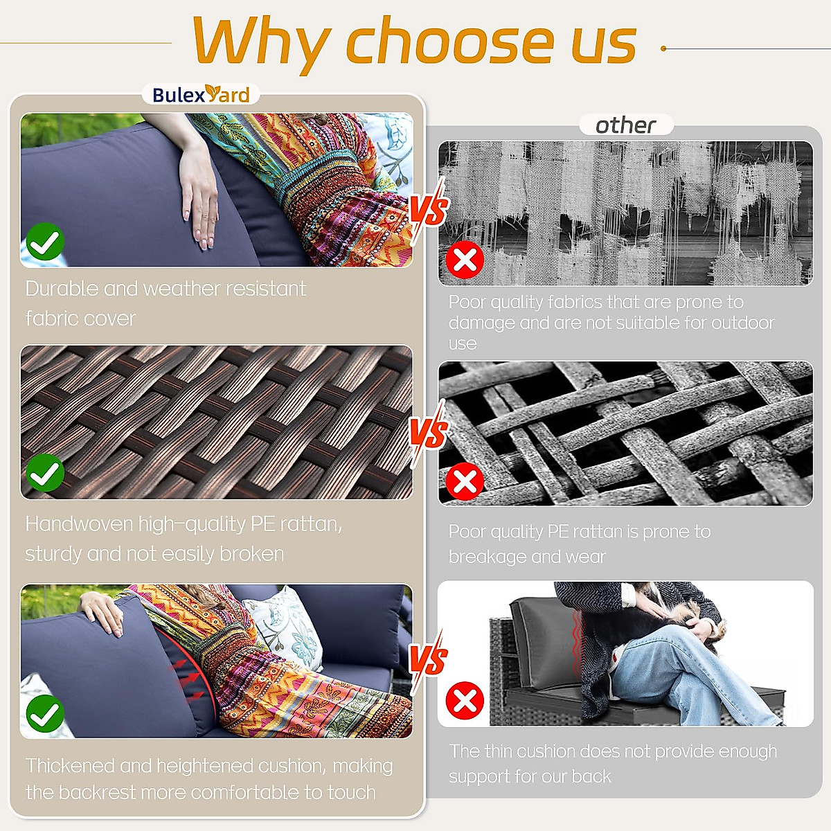 BULEXYARD High Back Brown PE Rattan Outdoor Patio Furniture Set with Propane Fire Pit Table, Large Wicker Outside Sectional Furniture Sofa Conversation Sets for Backyard(Navy Blue, 9Pcs)