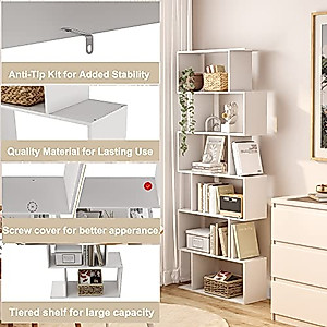 HOMEFORT Wooden Geometric Bookshelf,6-Tier S-Shaped Bookcase,6 Shelf Morden Bookshelves,Unique Freestanding Tall Book Shelf and Book Case for Bedroom and Living Room Home Office,White