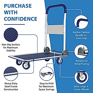Upgraded Lifetime Appliance Extra Large Foldable Push Cart Dolly | 660 lbs. Capacity Moving Platform Hand Truck | Heavy Duty Space Saving Collapsible | Swivel Push Handle Flat Bed Wagon
