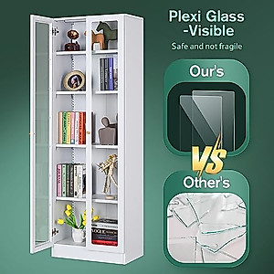 IRONMIX Enclosed Bookshelf with Acrylic Door and Adjustable Shelves, 70 Inch Tall Storage Cabinet 5 Tier, Dust Proof Display Shelf for Home, Office - White