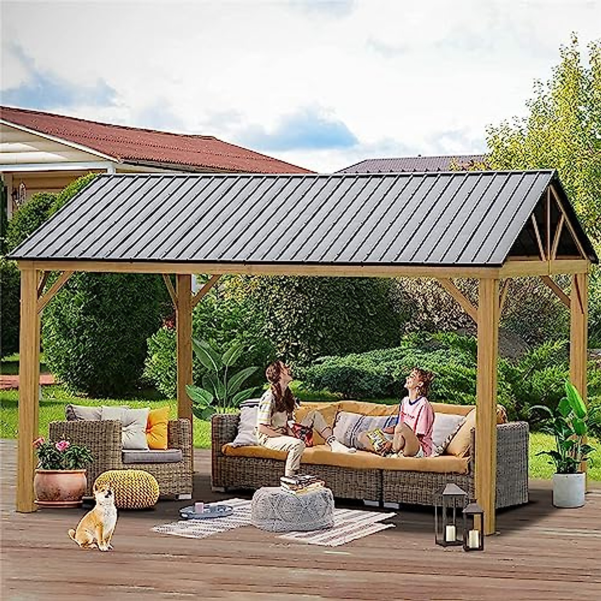12'x14' Hardtop Gazebo Outdoor Aluminum Gazebo with Galvanized Steel Gable Canopy for Patio Decks Backyard (Yellow-Brown)