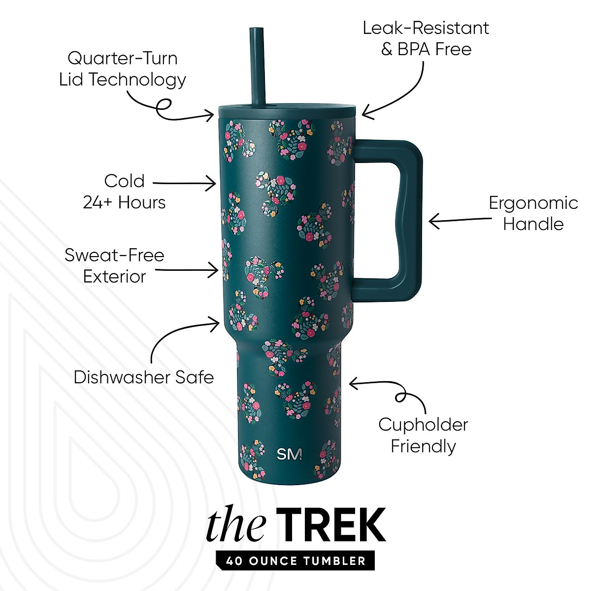 Simple Modern Disney 40 oz Tumbler with Handle and Straw Lid | Insulated Reusable Stainless Steel Water Bottle Travel Mug | Gifts for Women Her | Trek Collection | 40oz | Mickey Mouse Floral Riptide