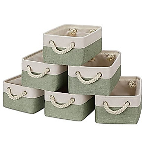 Temary Small Storage Baskets Small Fabric Bins for Closet, 6 Pack Decorative Storage Boxes with Rope Handles for Organizing Toys, Clothes, Canvas Storage Basket(White&Green,11.8L x 7.9W x 5.3H inches)