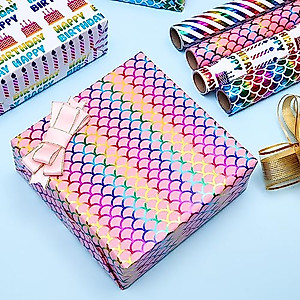THMORT Mermaid Wrapping Paper Roll with a Cutter Kit for Girls&Boys,Kids Birthday Adults, Princess Pink Barbies 17 Inch X 120 Inch Gift Wrapping Paper Colorful Rainbow Happy Birthday wrapper.