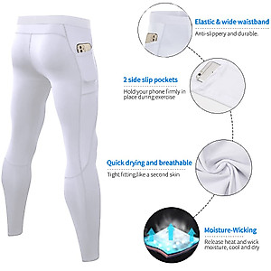 EARGFM Men's Compression Pants Athletic Leggings Workout Running Tights Dry Base Layer with Pockets Active Cycling Pants White