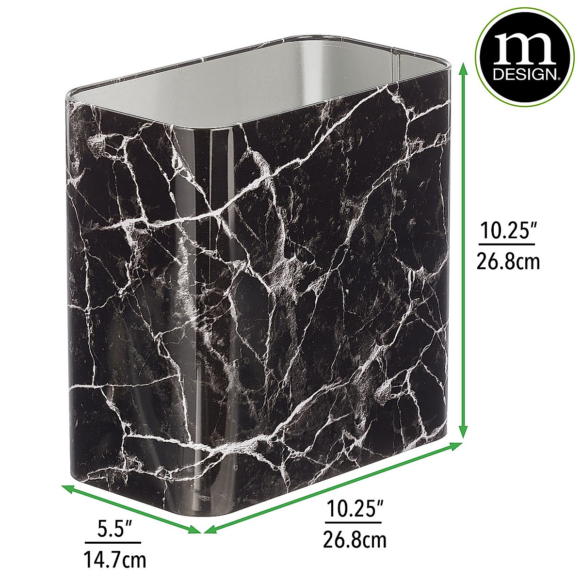 mDesign Small Metal 2.4 Gallon/9 Liter Trash Can Wastebasket Garbage Bin for Bathroom, Slim Rubbish Waste Bin Trashcans for Master/Guest Bath, Mirri Collection, Black Marble