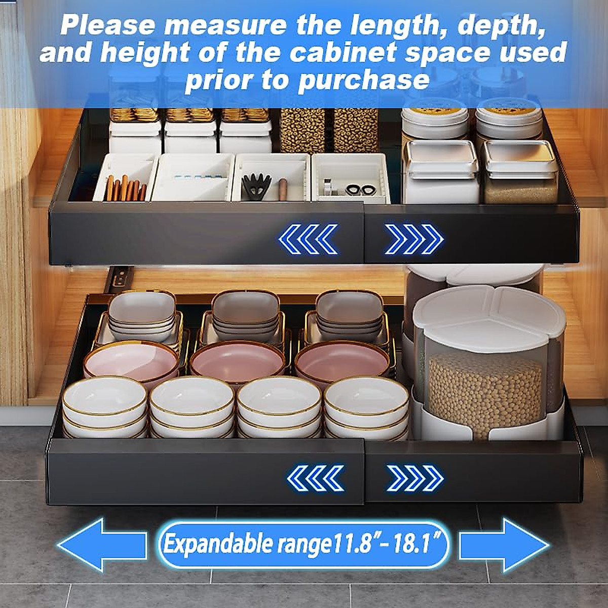 Expandable Pull out Cabinet Organizer with Sliding Drawer, Expandable (11.8"-18.1")Heavy Duty Slide out Drawer Adhesive Nano Film Slide Out Pantry Shelves for Kitchen,Bathroom,Pantry (2.7" H) (Black)