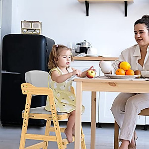 Wooden High Chair for Toddlers, Adjustable Toddler High Chair with High Rebound Waterproof Cushion for Toddlers to Teens，Toddler Dining Chair with Steps for Kids Dining, Studying, Step Tool (Grey)