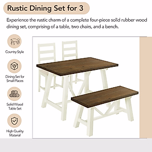 Bellemave Farmhouse 4-Piece Dining Table Set, Solid Wood Kitchen Table Set with 2 Cushions Chairs and Bench, Dining Table Set for Home Kitchen Dining Room Furniture（Acasia Brown+Butter Milk）