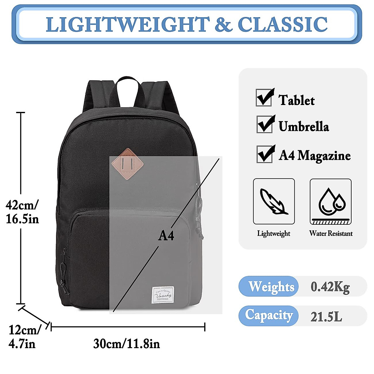 VASCHY School Backpack, Ultra Lightweight Backpack for Men Women Schoolbag Bookbag for Kids Teen Boys Girls Black