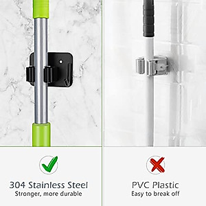 Mop and Broom Holder Wall Mount. Non-slip Stainless Steel Mop Holder Broom Hanger Tool Organizer Self Adhesive. Organization and Storage for Home Garden Garage Kitchen Laundry Room (Black, 4 Pack)