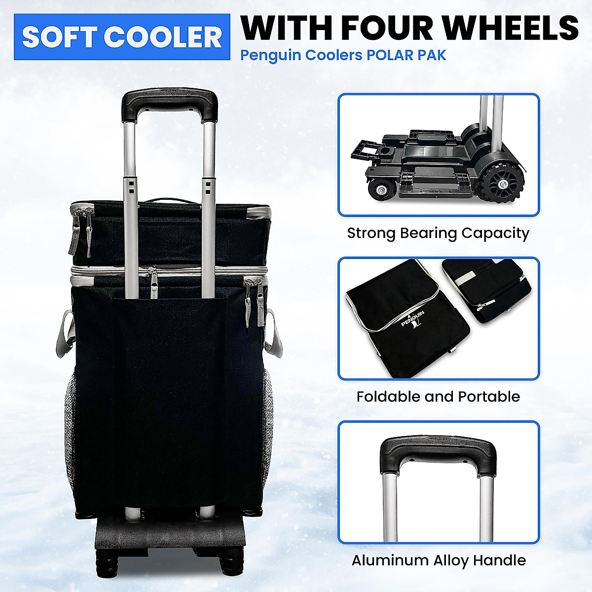 PENGUIN Coolers Polar Pak - Insulated Leakproof Portable Cooler, Waterproof Zippers - Collapsible Trolley Cooler with 4 Wheels - Removable Top & Mesh Side Pockets for Extra Storage - 72 Can Capacity