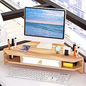 KUAIYU Triangle Monitor Riser,Cut Triangular Computer Monitor Desktop Corner Stand,Desktop Corner Shelf With Drawers Wooden Computer Stand With Storage Laptop Risers Office Organization.