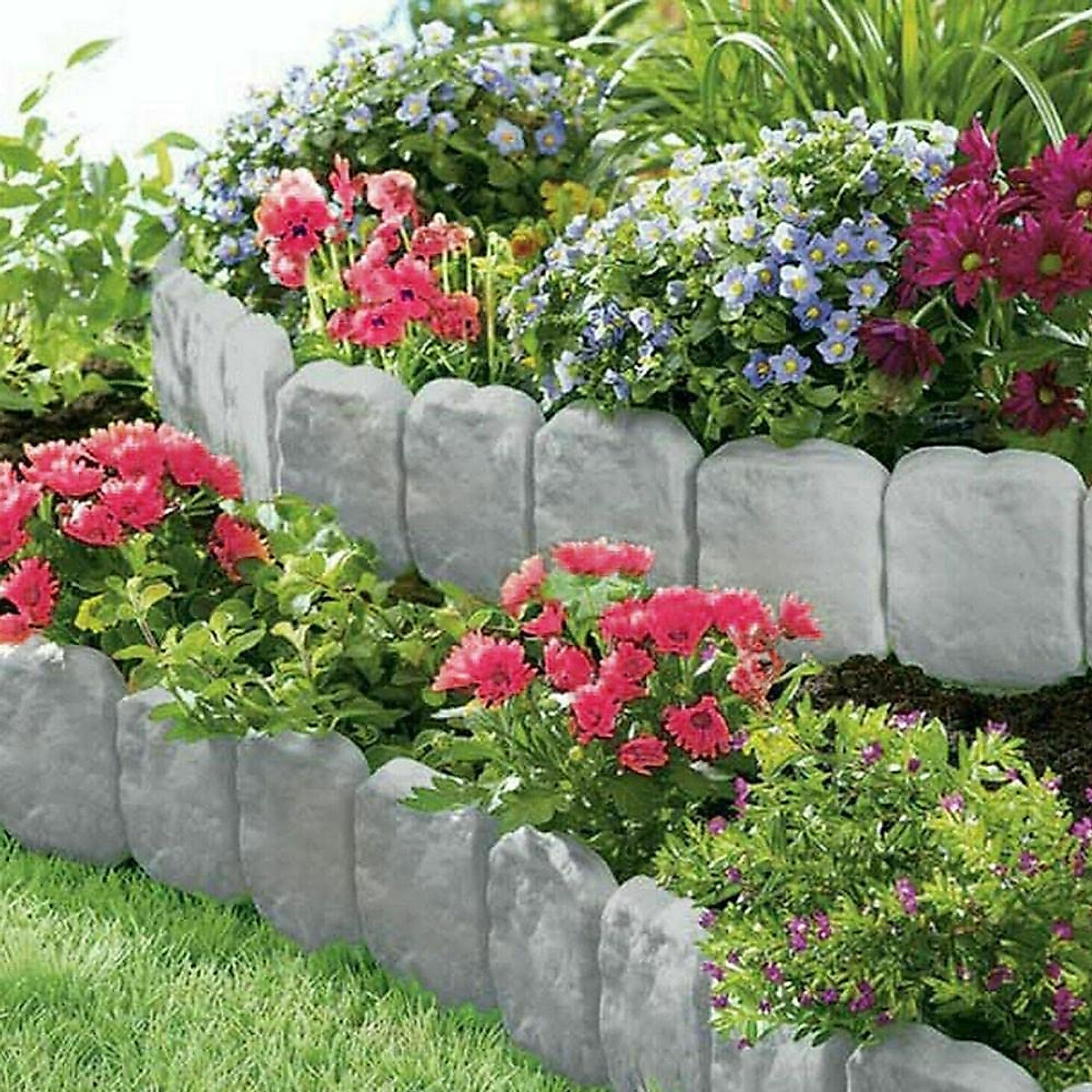 20 pcs Stone Effect Plastic Palisade Fence, Garden Border Edging Gray Stones Effect Fence in Lawn Edging Plant Border Garden Landscape Edging (Black)